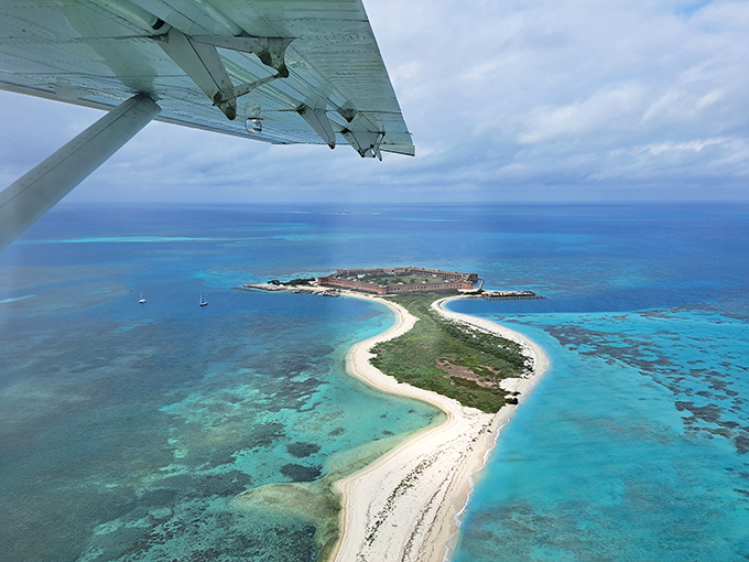 The approach by air reveals the true isolation of this paradise &ndash; a speck of history floating in an ocean of blue.