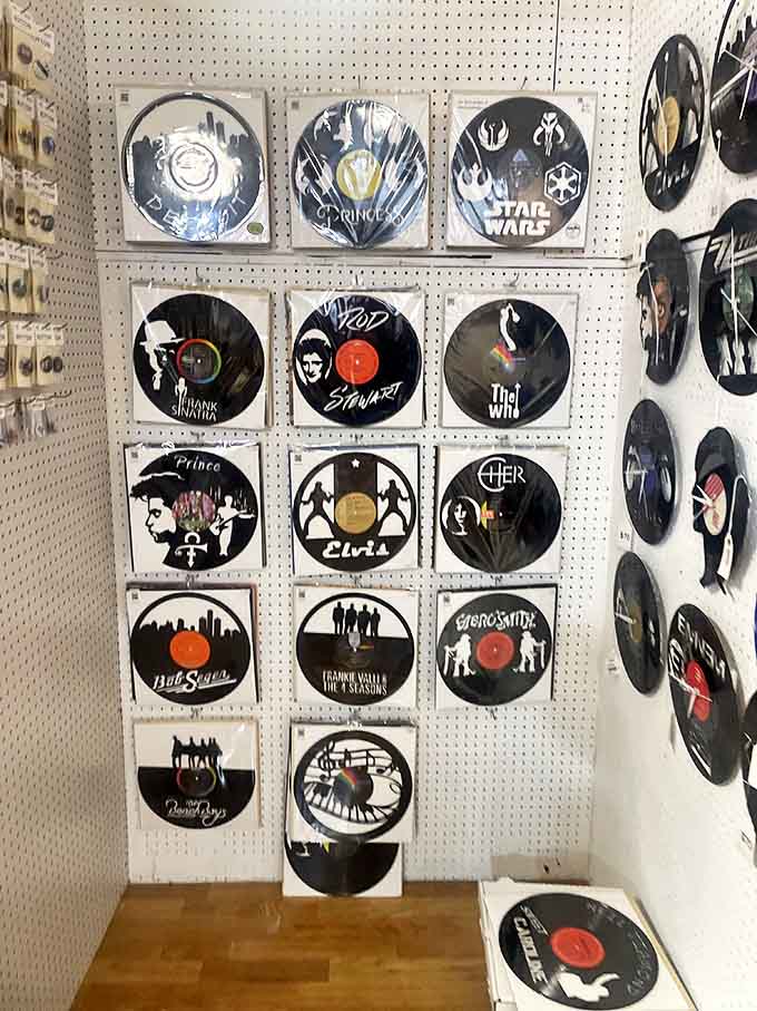 Music lives forever through these vinyl record artworks, where legendary performers are immortalized in the very medium that made them famous.