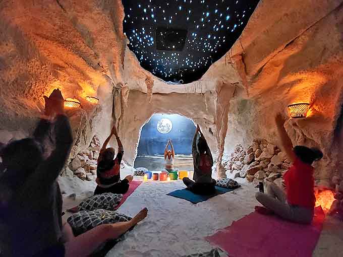 A yoga session where downward dog meets upward consciousness, proving everything's better when seasoned with a little salt.