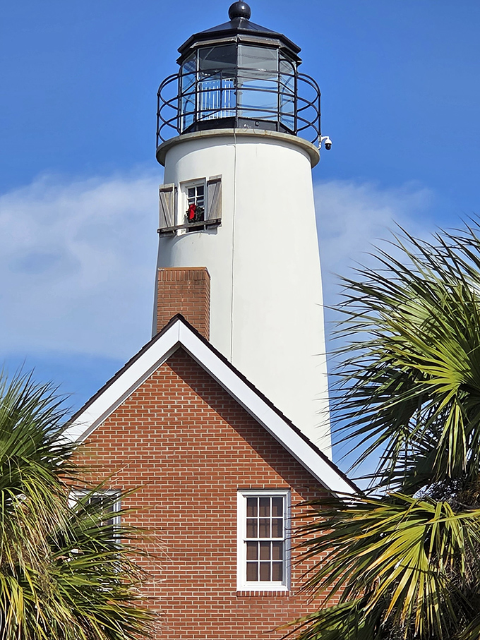 The pristine white tower of Cape St. George Light stands as a testament to community spirit, rebuilt brick by brick after the original collapsed into the Gulf.