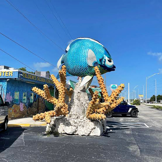From behind, the statue reveals the artist's attention to detail, with not a scale out of place on this oversized aquatic ambassador.