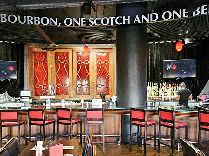 "One bourbon, one scotch, one beer" – the bar area serves up liquid refreshment with the same rock 'n' roll flair as everything else.