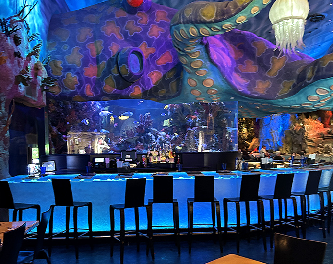 The underwater-themed bar serves up prehistoric potions under the watchful eyes of sea creatures from another time.