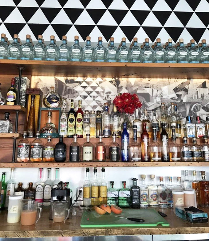 Blue bottles line the bar shelf like a horizon line, creating a striking contrast against the black and white geometric backdrop.