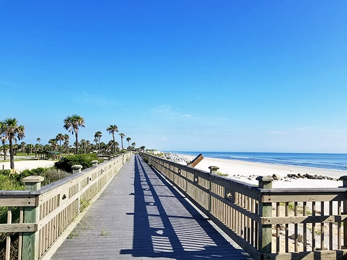 This wooden boardwalk invites exploration through a tropical paradise, where every step forward reveals new botanical surprises.