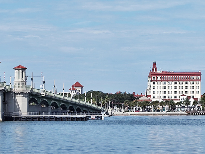 The Bridge of Lions frames downtown St. Augustine like a picture-perfect postcard, connecting mainland history to island beaches with architectural elegance.