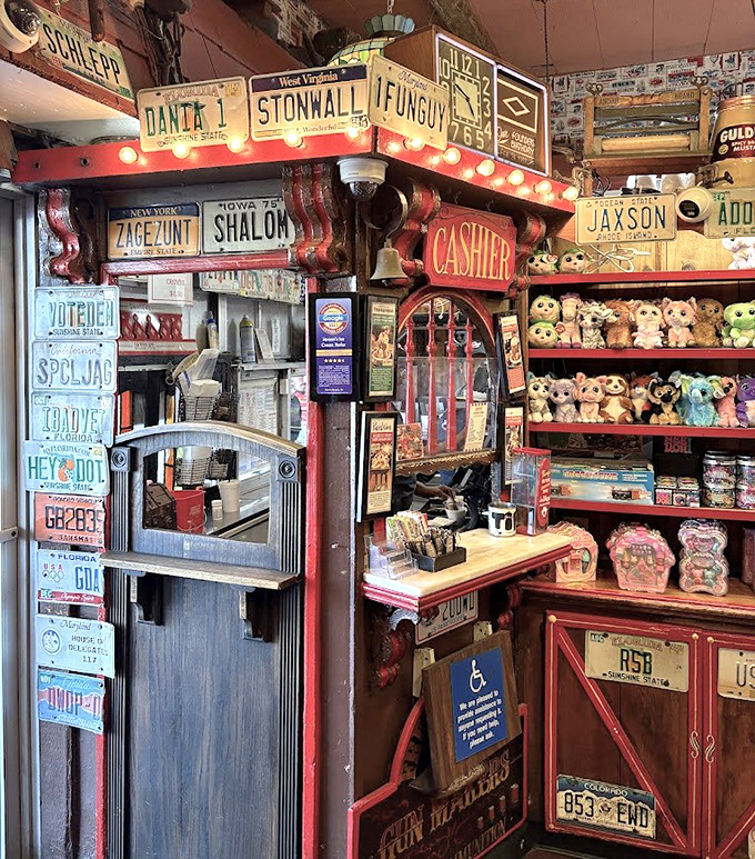 License plates from across America create a road-trip collage around this vintage cashier station &ndash; your last stop before sugar paradise.