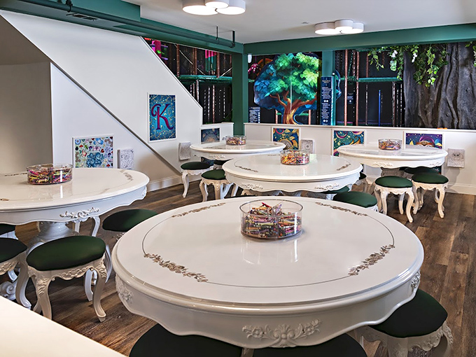 Elegant white tables with candy-filled centerpieces create a charming craft area where children can pause for creative activities between play sessions.