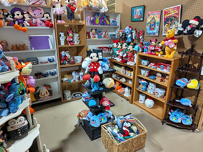 Mickey and friends hold court in their dedicated corner, Disney memorabilia spanning decades of magic that transcends generations.