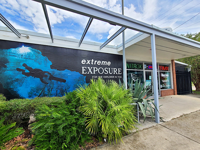"Extreme Exposure" dive shop mural hints at underwater adventures waiting just beneath the surface.