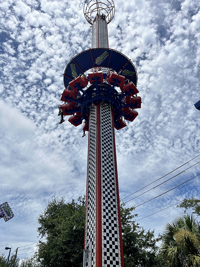 The Drop Tower stands tall against cloudy skies, promising heart-stopping thrills for those brave enough to face the plunge.