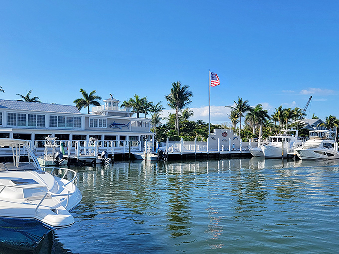 Eagle Grille & Miller's Dockside offers front-row seats to the marina's nautical parade, where fishing tales and fresh catches are served daily.