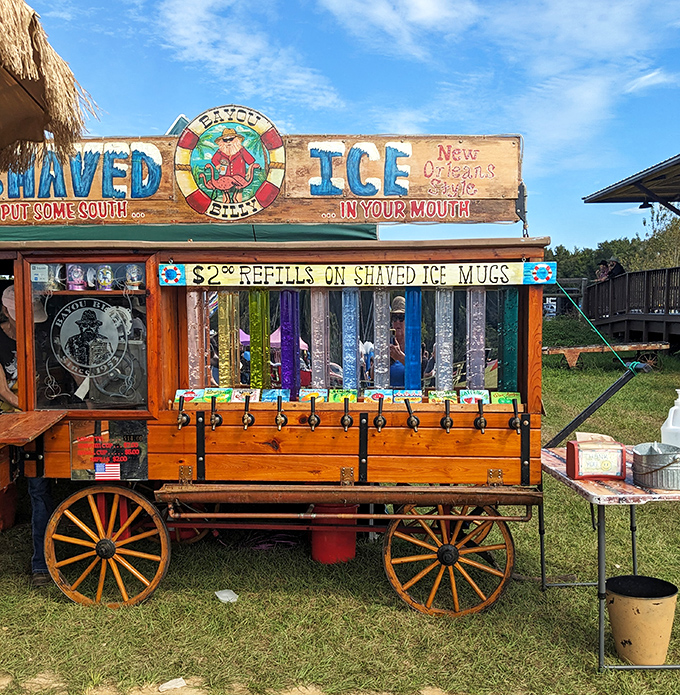 This vintage-style shaved ice wagon brings New Orleans flavor to Florida, its colorful syrup bottles promising sweet relief from the sunshine state heat.
