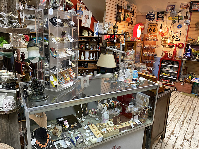 Behind glass, vintage jewelry and collectibles await new owners, each tiny treasure representing craftsmanship rarely seen in today's mass-produced accessories.