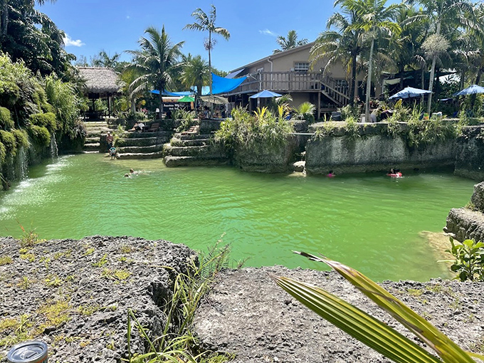 The lagoon reveals its full splendor from this vantage point &ndash; terraced stone edges framing waters that practically beg for a cannonball.