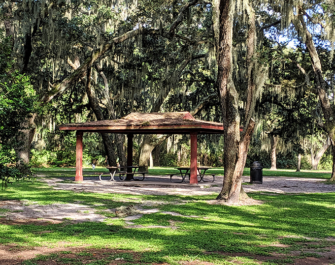 This shaded picnic pavilion invites visitors to slow down and savor the moment &ndash; because some of life's best conversations happen under simple wooden roofs.