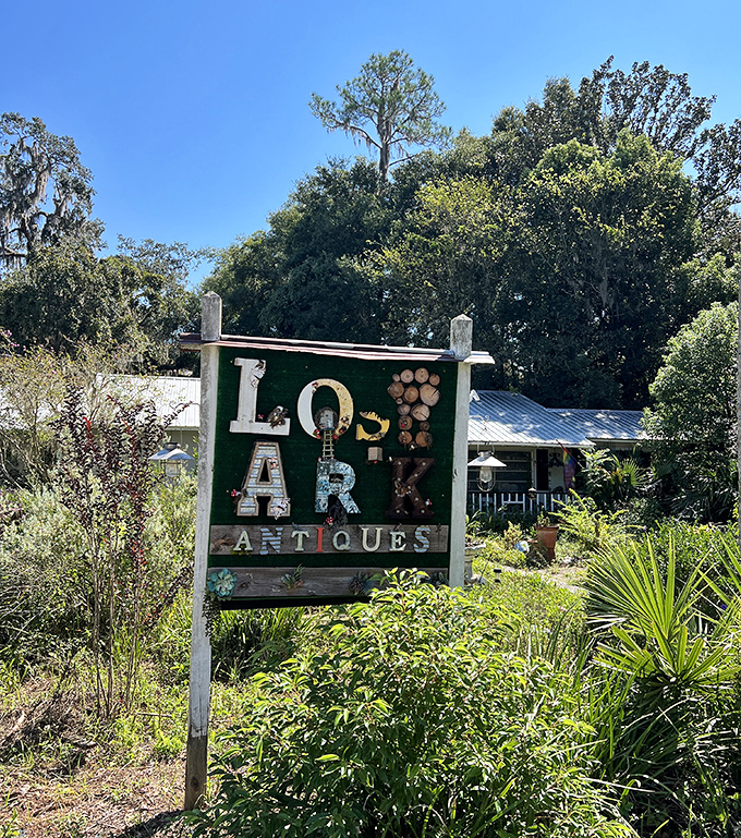 Lost Ark Antiques surrounds visitors with a jungle of whimsical treasures, its vibrant outdoor display area bursting with color and curiosities.