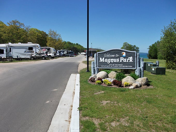 Magnus Park Waterfront camping that makes RV enthusiasts feel like they've discovered the ultimate secret spot, just steps from Lake Michigan's shores.