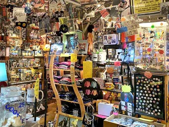 The merchandise corner offers take-home treasures, because sometimes you need a Beatles fix long after your coffee cup is empty.