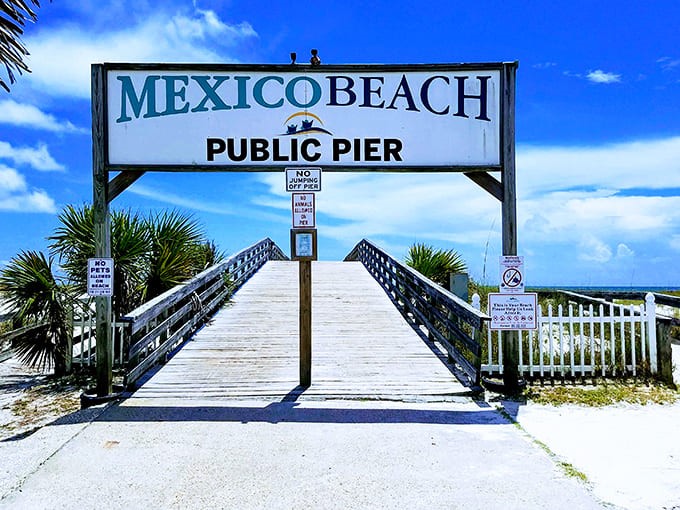 The Mexico Beach Public Pier welcomes all comers to venture further into the Gulf, where fishing stories grow taller with every step.