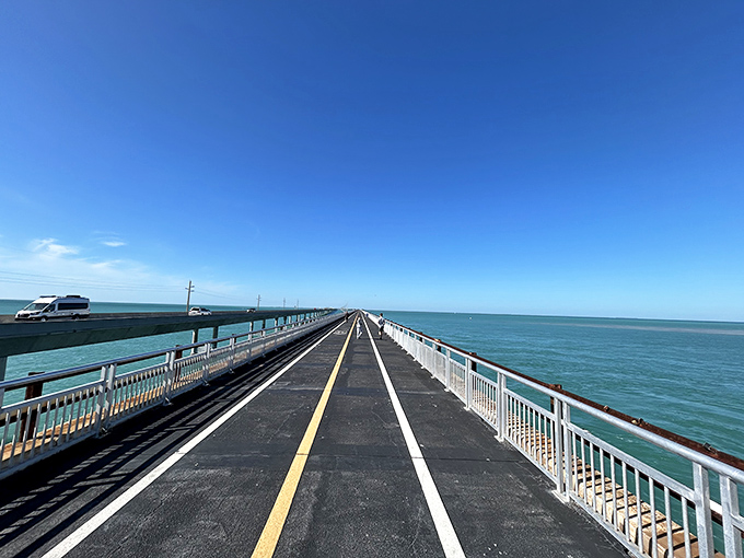 The Seven Mile Bridge stretches toward infinity – making your daily commute look pathetically unscenic by comparison.