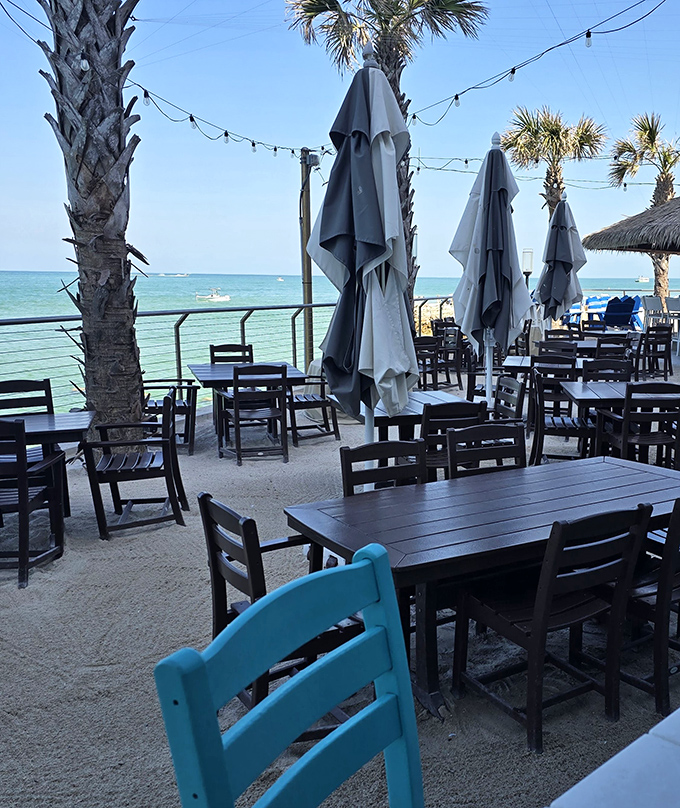 Social distancing, Florida style: Scattered tables with unobstructed Gulf views make waiting for your food almost as enjoyable as eating it.