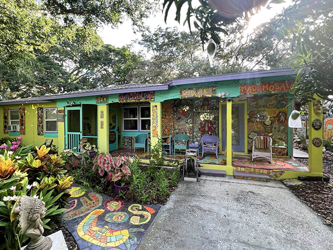 From the street, this house looks like what would happen if a rainbow decided to settle down and become real estate.