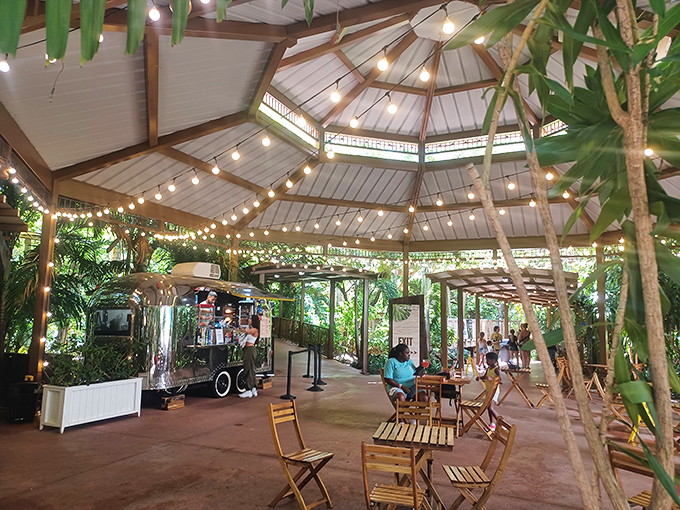 After conquering the heights, this charming rest area welcomes weary adventurers with twinkling lights and well-deserved refreshments.