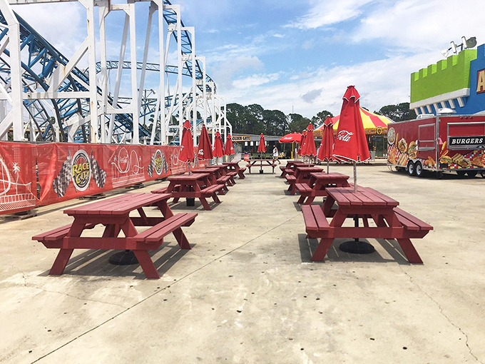 These picnic tables offer front-row seats to the symphony of screams and laughter &ndash; perfect for refueling between adventures.