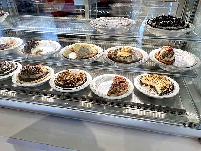 The pie case at Fireman Derek's &ndash; where making eye contact with all options simultaneously might cause temporary system overload.