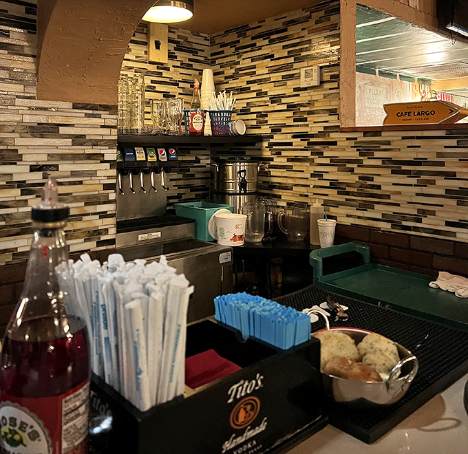 Behind the scenes, the prep station stands ready for another evening of culinary magic that keeps patrons returning.