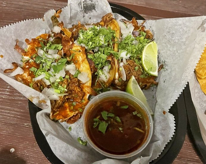 Crispy, cheese-crusted tortillas filled with tender meat and served with consomm&eacute; &ndash; like a delicious science experiment that always yields perfect results.