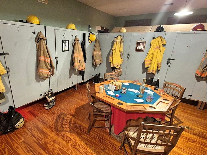 The poker table surrounded by lockers captures off-duty moments&mdash;where firefighters forged bonds that would be tested in flames.