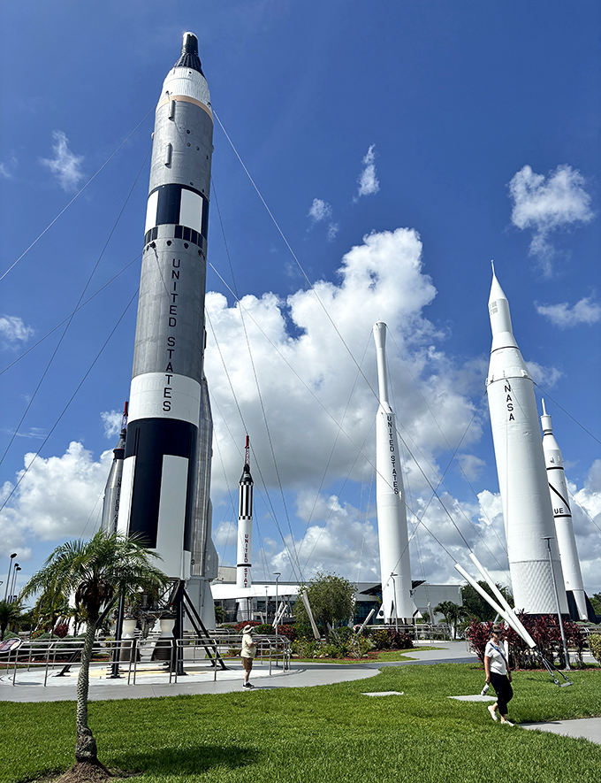 The Rocket Garden displays the evolution of America's space program, from "How did anyone survive in that tiny capsule?" to "We're going to the moon!"