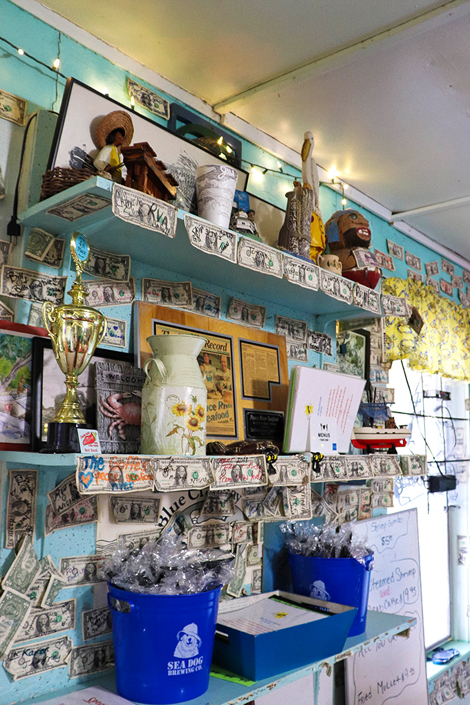 Where dollar bills become wallpaper and fishing memorabilia tells tales &ndash; a shrine to seafood where money literally sticks to the walls.