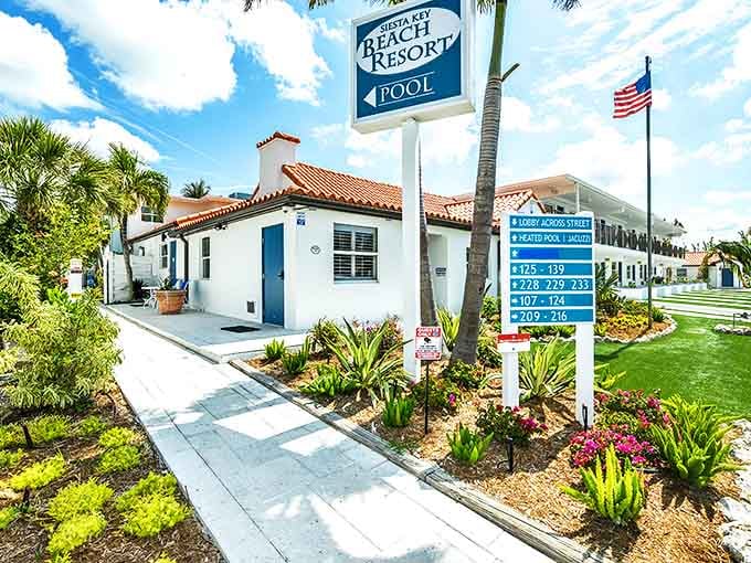 Old Florida charm: Siesta Key Beach Resort maintains the island's nostalgic coastal vibe with its welcoming white-washed architecture.