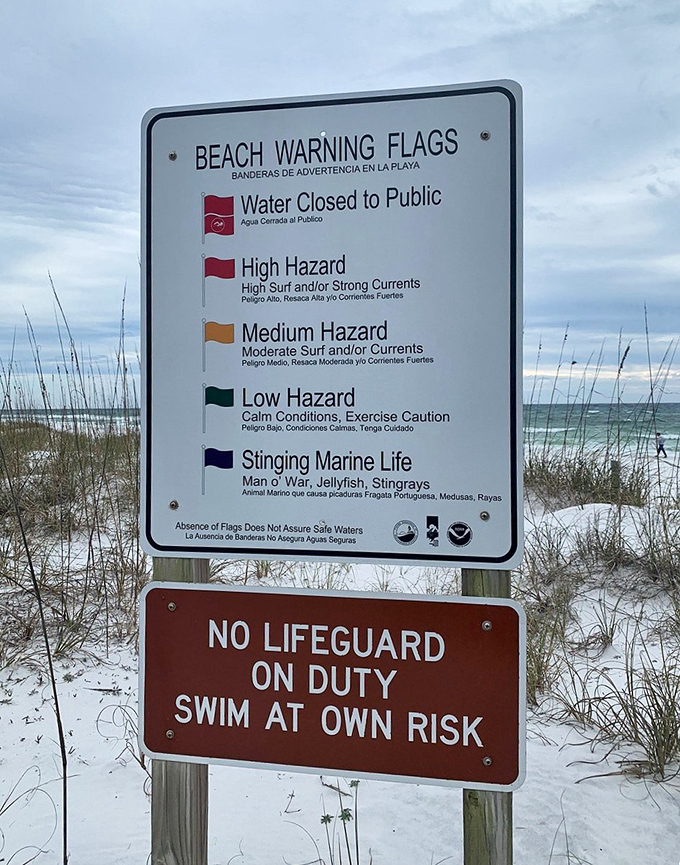 Signage: Beach warning flags serve as nature's traffic lights, guiding visitors to safe enjoyment of these magnificent waters.