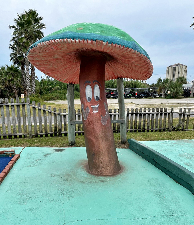 This grinning mushroom seems suspiciously happy, as if it knows something about your putting game that you don't.