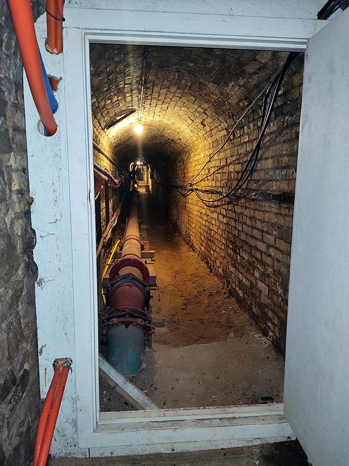 Utility pipes line this service tunnel entrance, the practical infrastructure that kept the massive institution functioning through decades of Michigan winters.