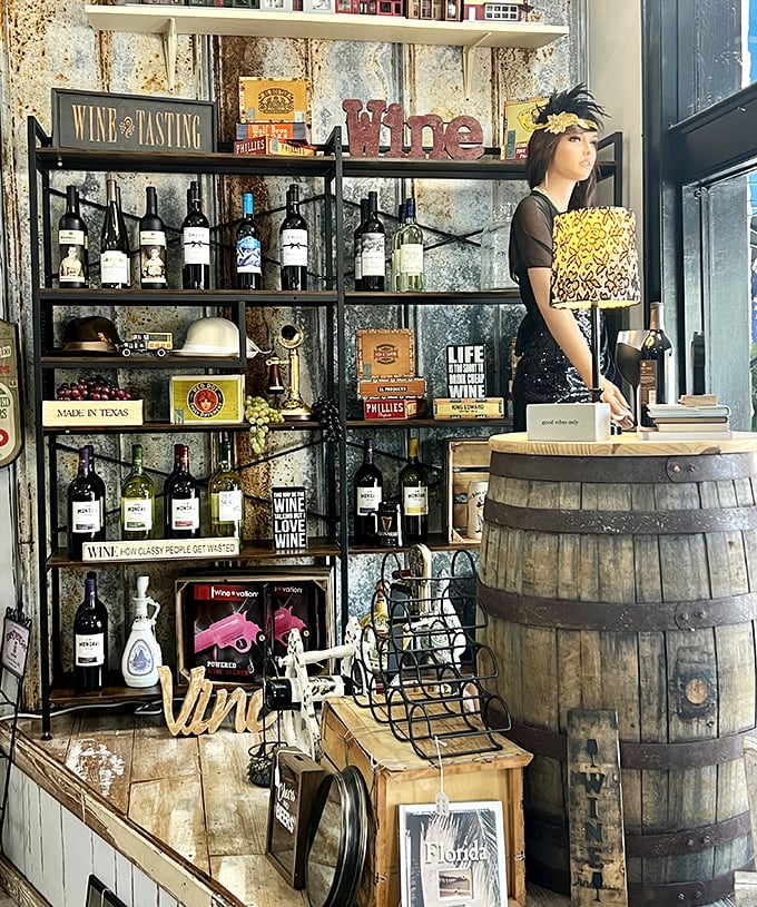 Wine not spend an afternoon exploring these shelves? The mannequin seems to approve of your excellent taste.