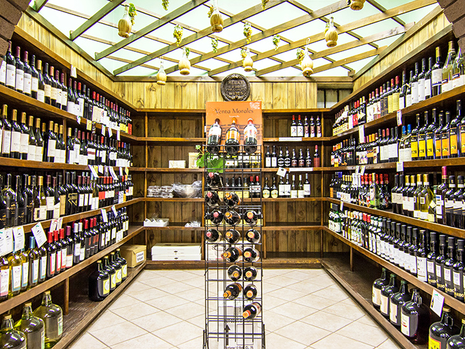 Wines: A wooden sanctuary of Italian vintages where bottles stand like soldiers, ready to complement your dinner plans.