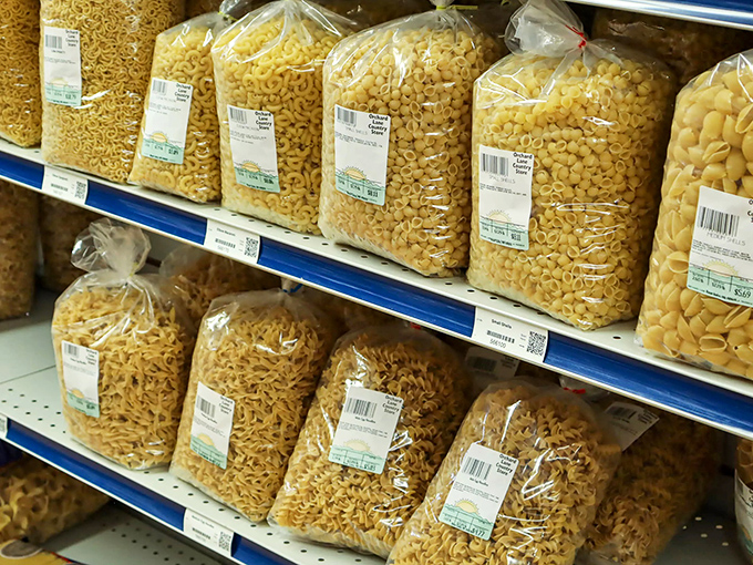 Clear bags of pasta in every imaginable shape line the shelves, promising to transform ordinary water into extraordinary meals.