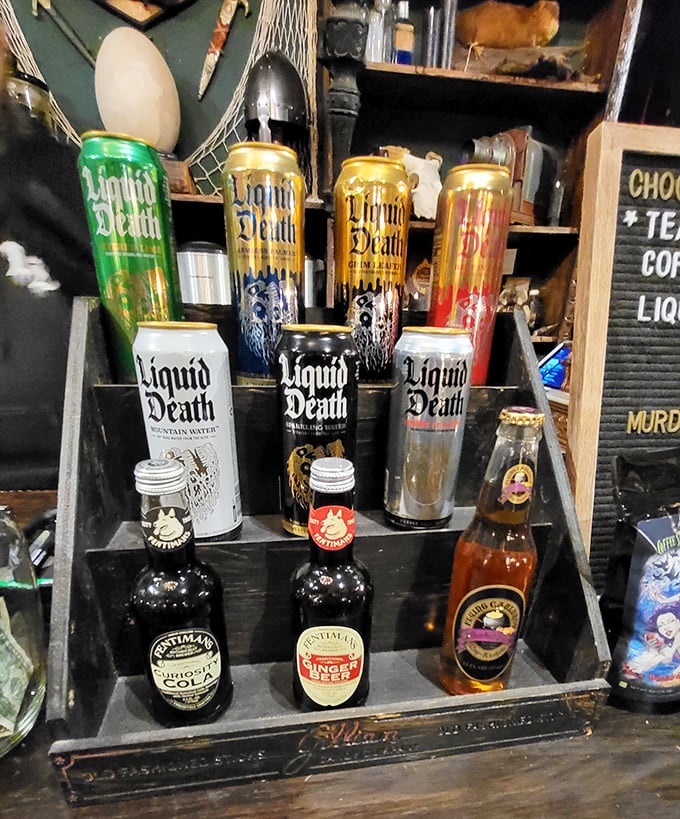 The beverage selection ranges from artisanal sodas to "Liquid Death" water, proving even hydration can be a darkly humorous affair.