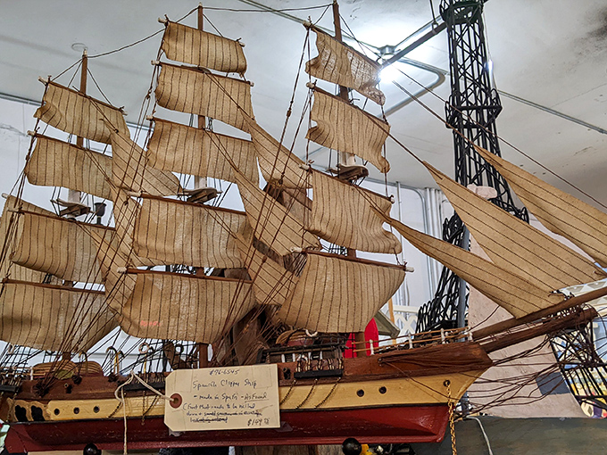 This meticulously crafted model ship sails eternally on seas of memory, a testament to craftsmanship that modern mass production rarely achieves.