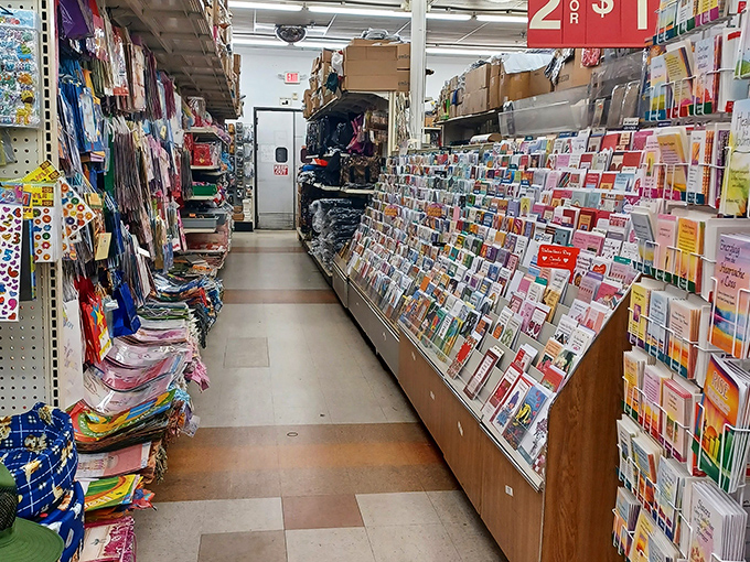 Greeting cards for every occasion imaginable line the aisle, ready to express sentiments from heartfelt to hilariously specific.