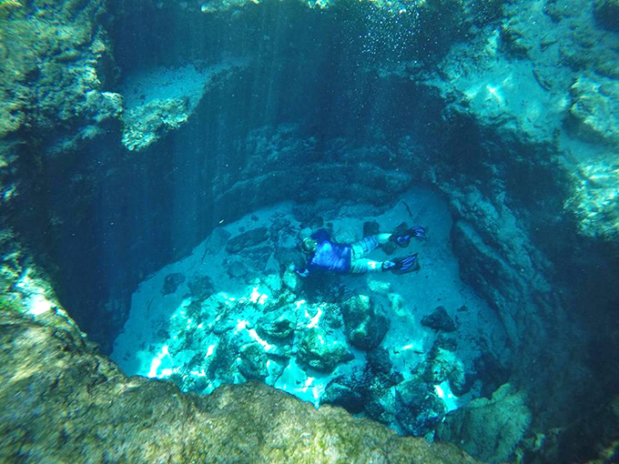 Cave diving at Ginnie – where adventurers explore Florida's hidden underworld, all limestone and liquid light.