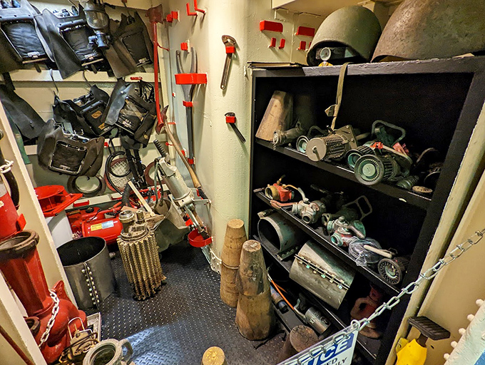 Every tool had its place and purpose&mdash;this equipment storage area demonstrates the meticulous organization required for efficient naval operations.