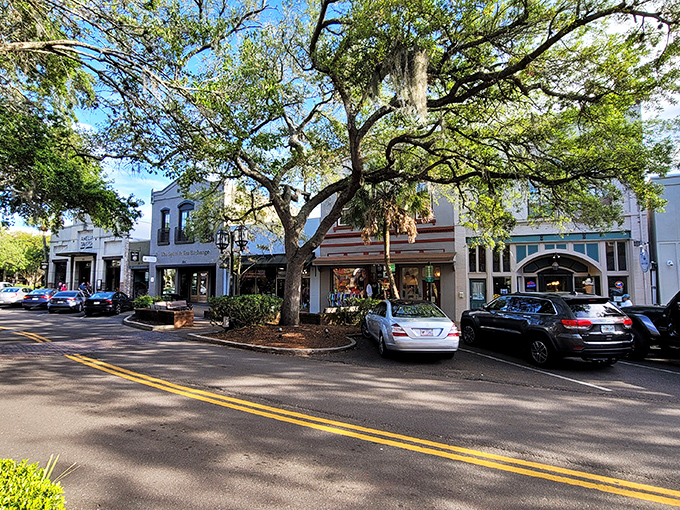 Centre Street's canopy of oak trees provides welcome shade for shoppers exploring the eclectic mix of boutiques and galleries in this walkable downtown.
