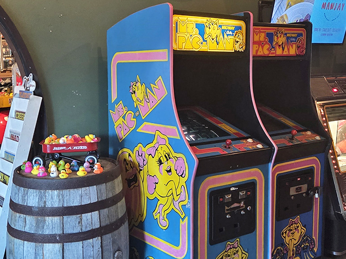 "Wakka-wakka" nostalgia machines &ndash; Ms. Pac-Man arcade cabinets stand ready to transport players back to the golden age of quarter-munching fun.