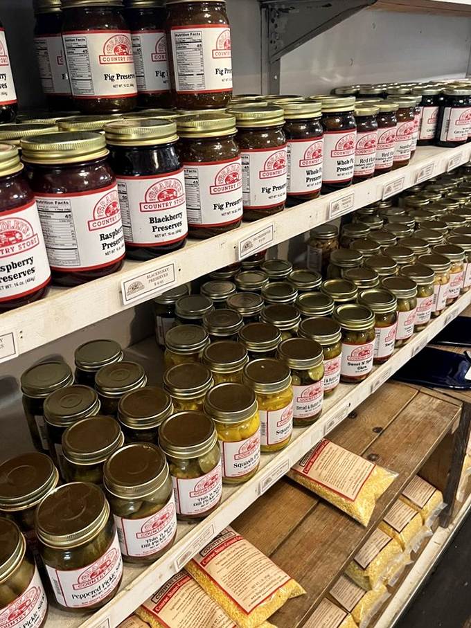 Shelves lined with Bradley's preserves and pickles, each jar containing summer sunshine captured at its peak for your pantry pleasure.